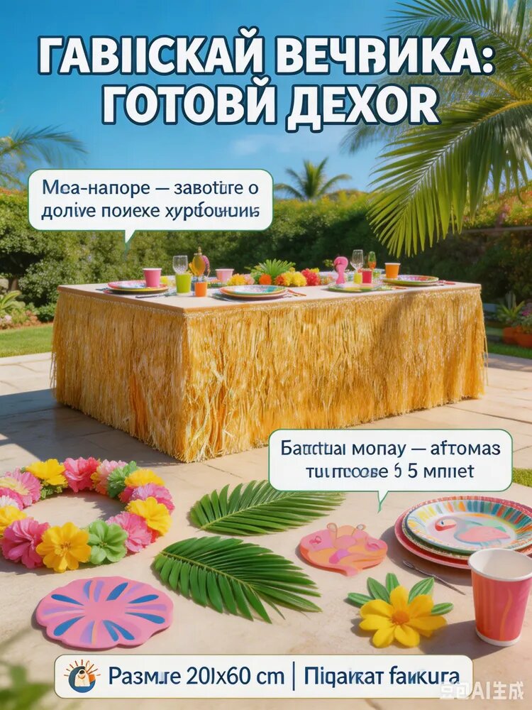 Набор для праздника, юбка для стола 200х60 см, гавайская вечеринка и тропический декор для летнего дня рождения.