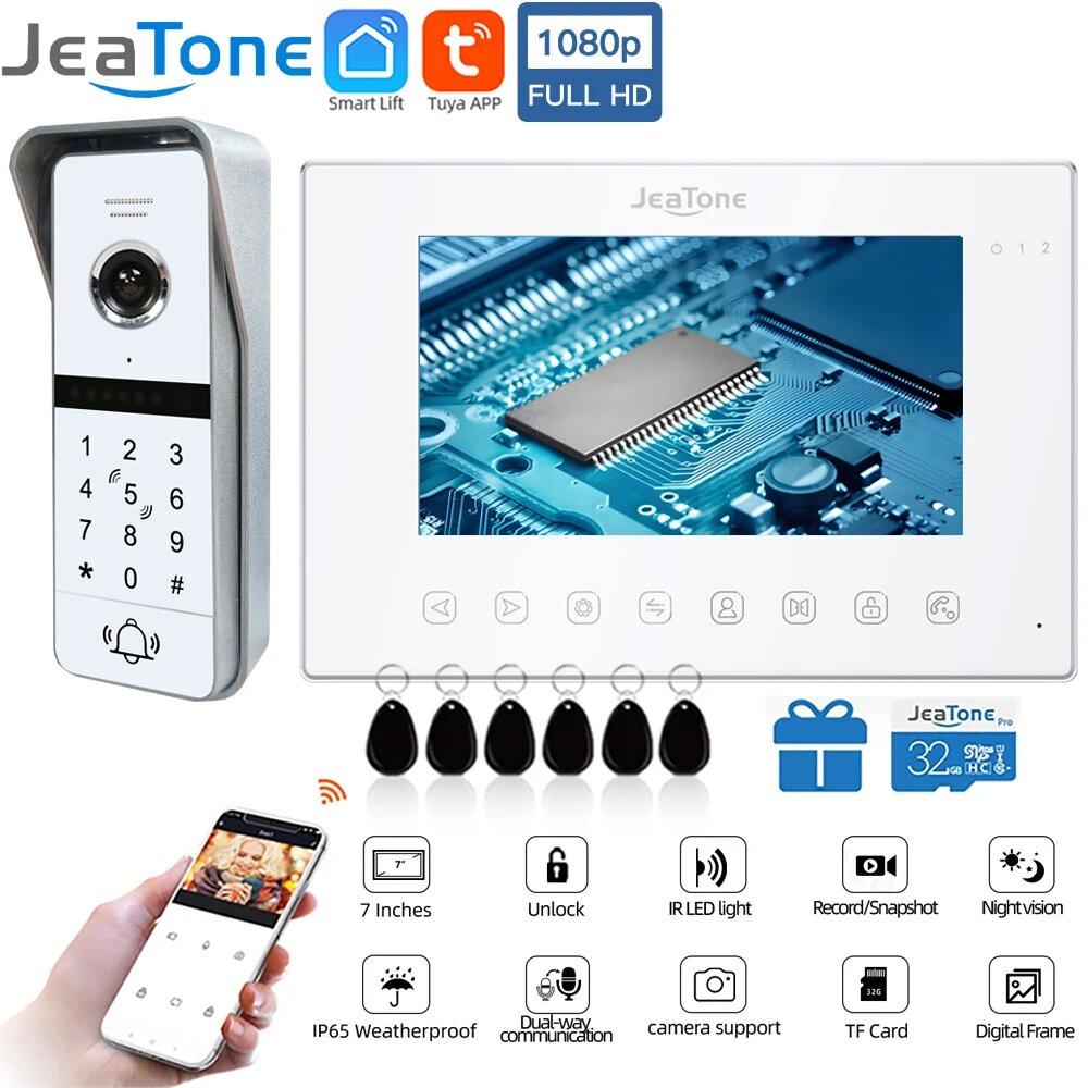 Jeatone 7-дюймовый беспроводной видеодомофон P2507WEPCM86714W32G
