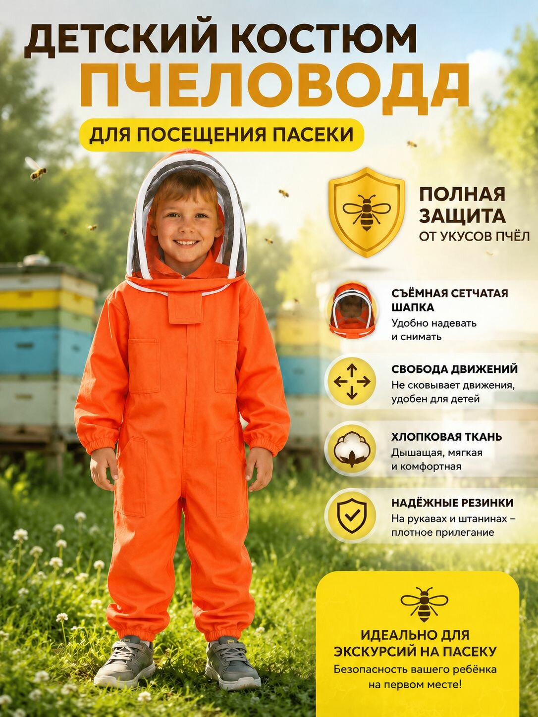 Костюм пчеловода для детей, утолщенный комбинезон для защиты от пчел, оранжевый, размер L