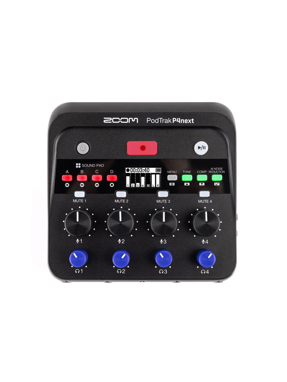 Микшерный пульт ZOOM PodTrak P4next，ИИ-шумоподавление。Вход обеспечивает усиление до +70 дБ
