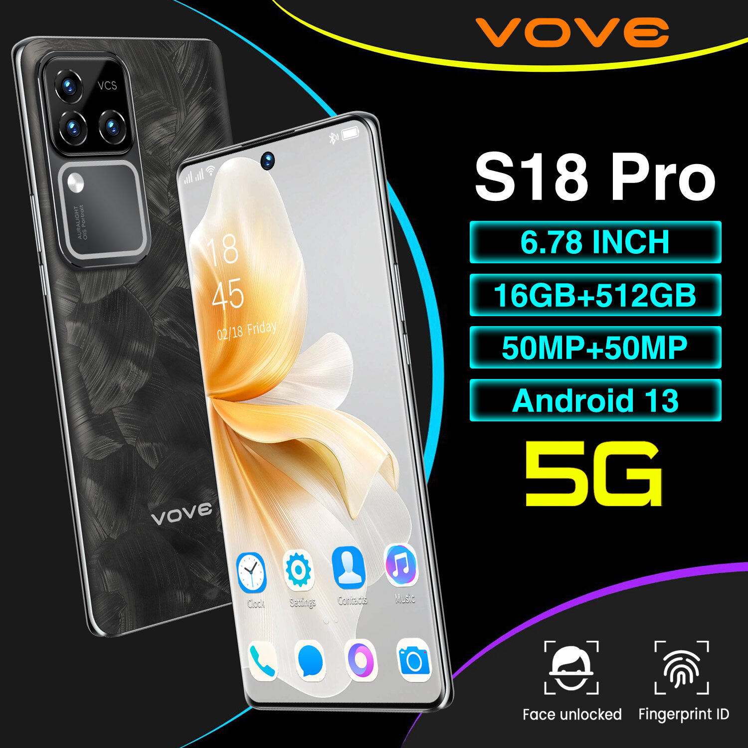 Смартфон S18 Pro Black, 6.78", 50 МП, 16ГБ/512ГБ, 5000мАч, Android 14