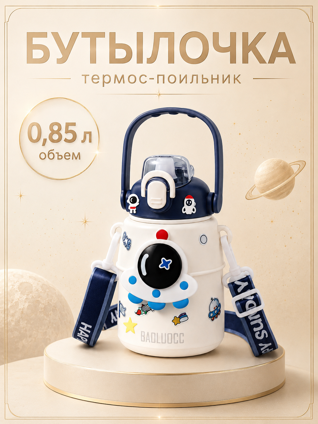 Термос детский с ремешком Космос, Термобутылка для горячих напитков с ручкой, Непроливайка с кнопкой, 850мл, Белый