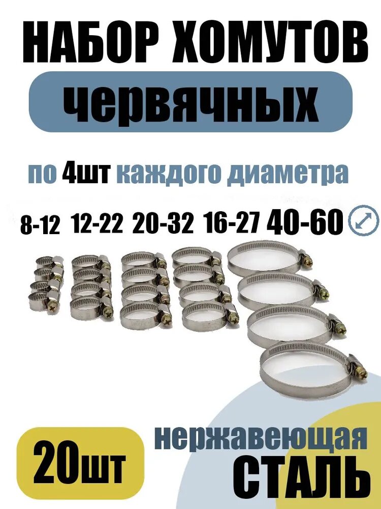 Набор хомутов червячных из 5 размеров: 8-12, 12-20, 16-25, 20-32, 40-60 мм, 20 шт. (хомуты металлические для шланга)