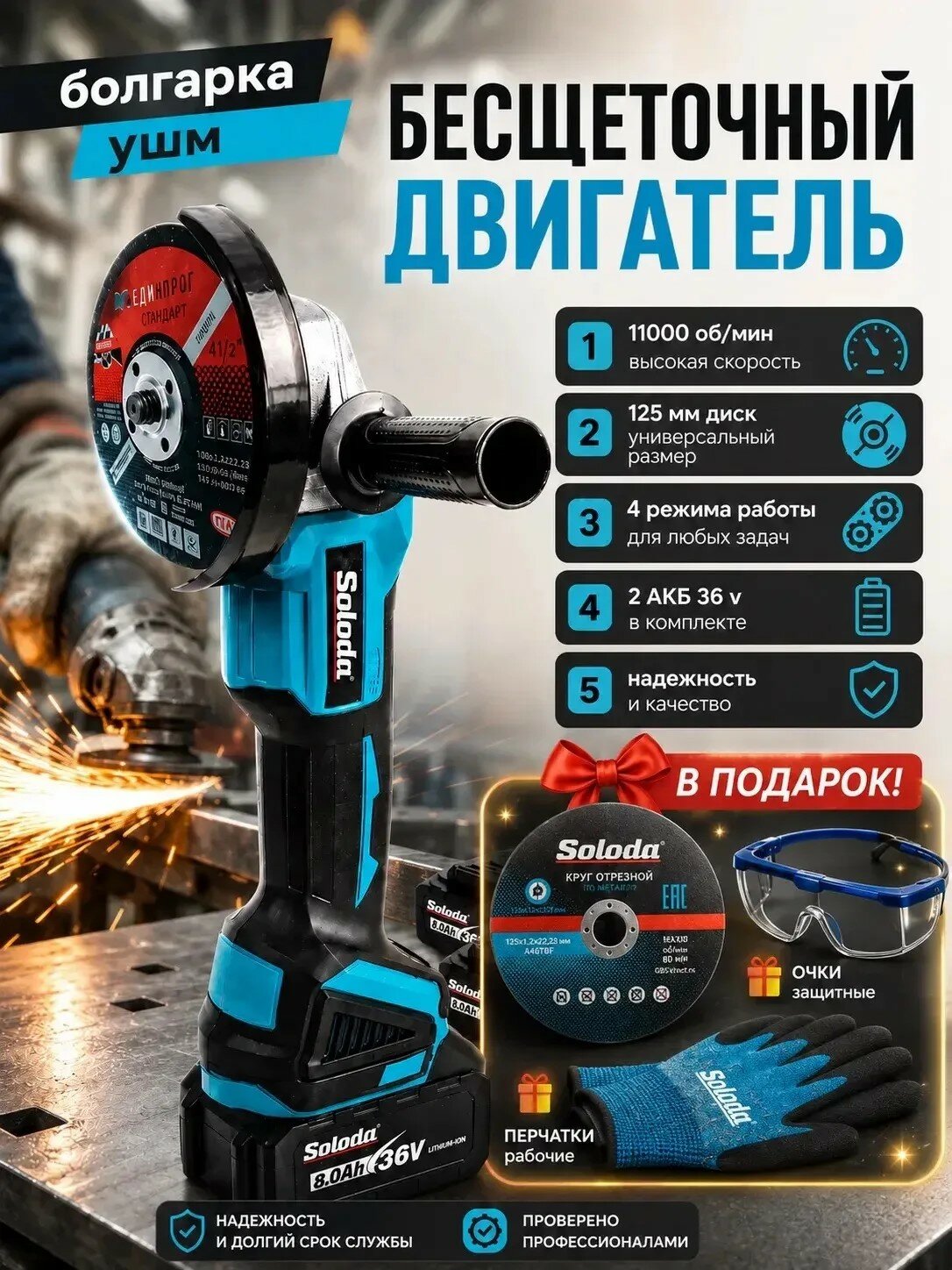 Болгарка Аккумуляторная 125 мм, 2 аккумулятора в комплекте