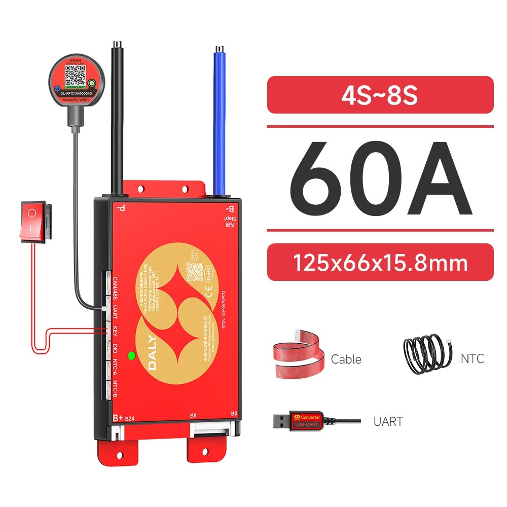 Daly BMS 4S-8S 60A WIFI, активный балансир LiFePO4