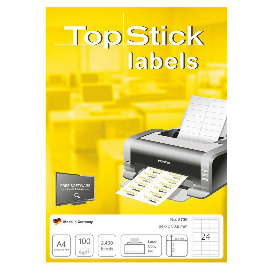 TOPSTICK 8736 Этикетки самоклеящиеся Бумажные А4, 64,6 * 33,8, 24 части на листе, цвет: Белый, Клей: перманентный, для печати на: струйных и лазерных аппаратах, в пачке: 100 листов/2400 этикеток (TOPSTICK 8736)