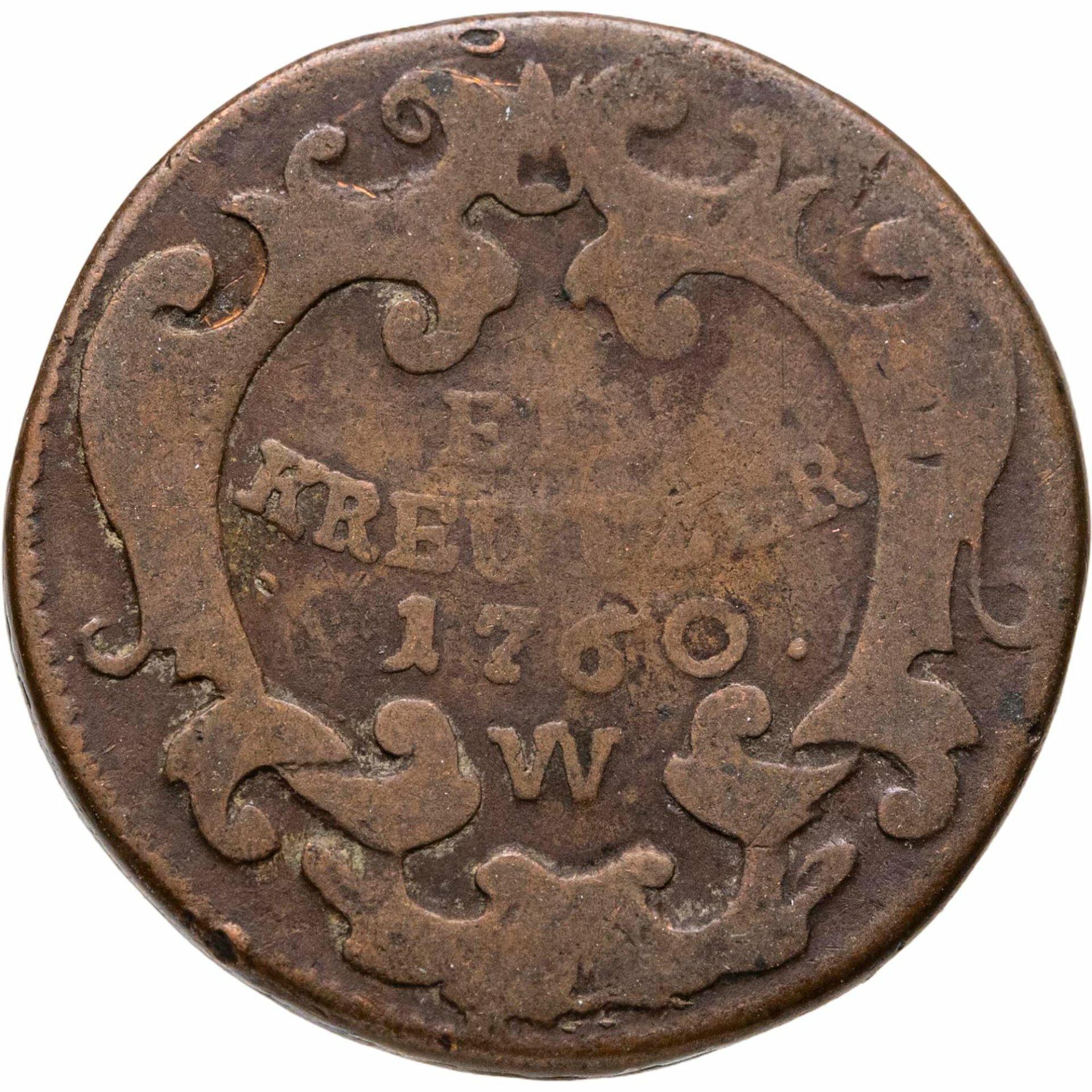 Австрия 1 крейцер 1760 Франц I, знак монетного двора "W" - Вена, Медь, в сохранности F