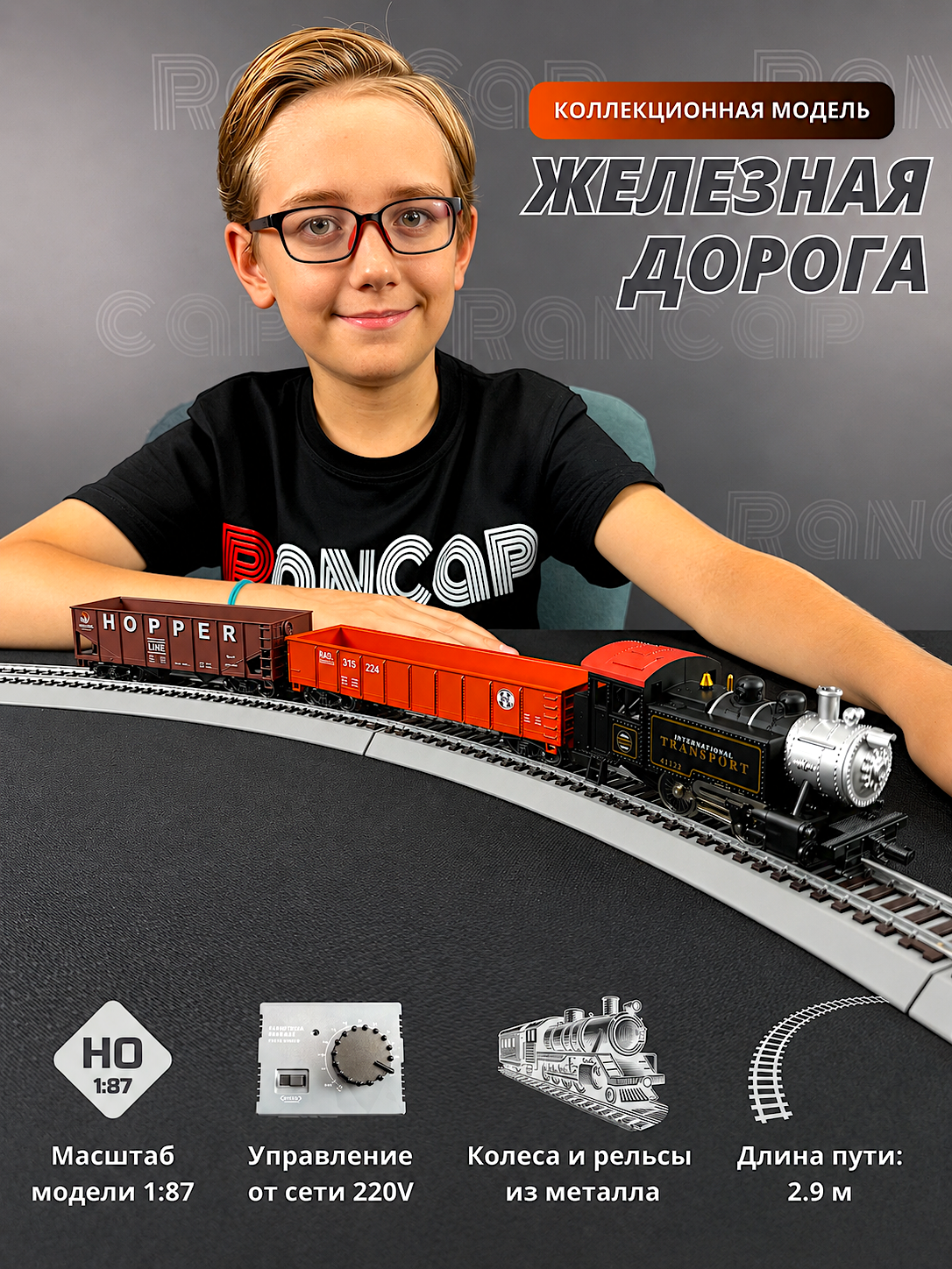 Железная дорога HO 1:87 с металлическими элементами на пульте управления. Модель железной дороги с поездом и вагонами