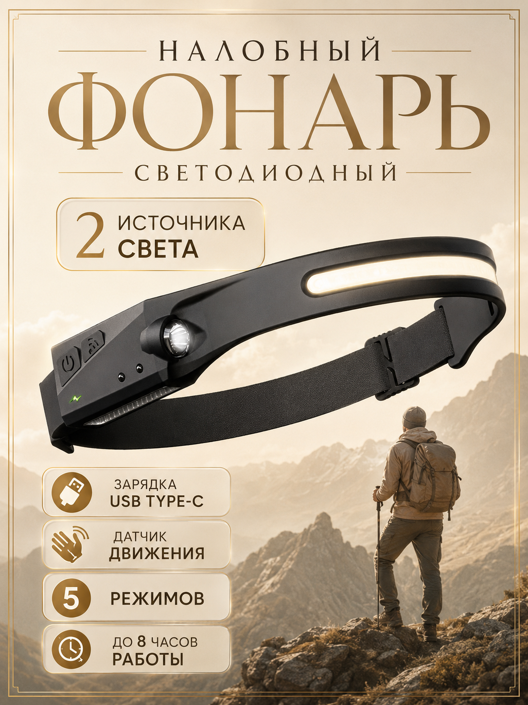 Фонарь налобный аккумуляторный для охоты и походов, несколько режимов, черный