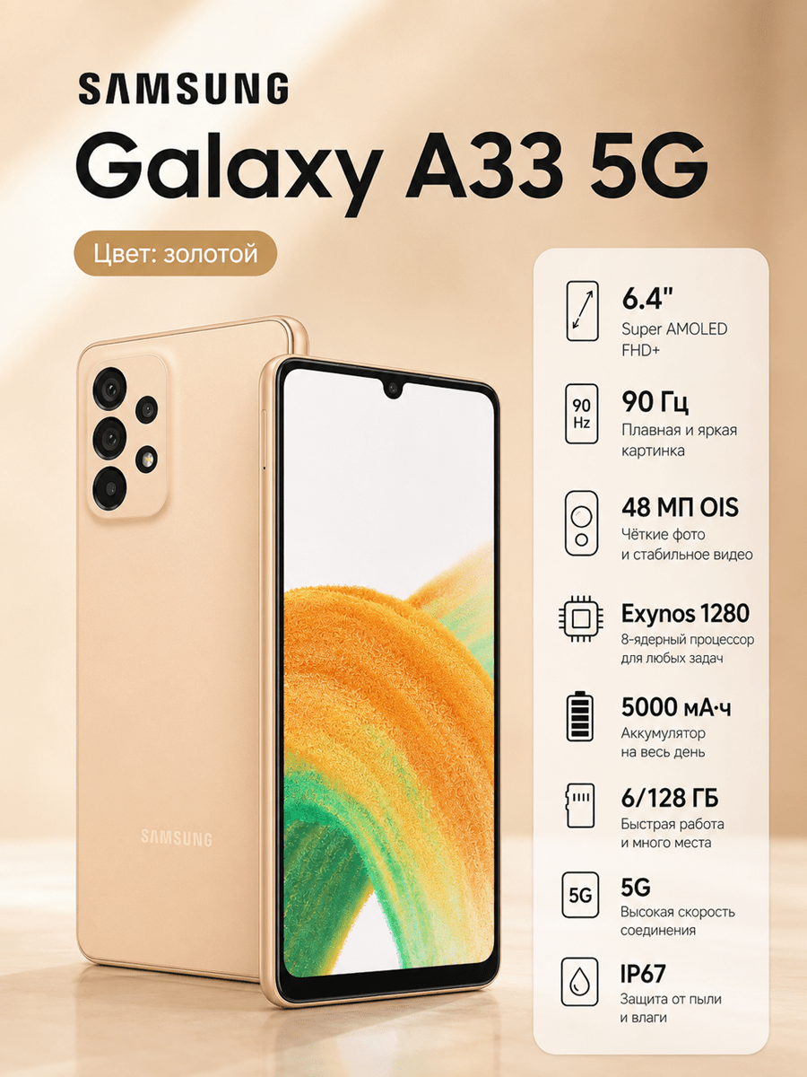Смартфон Samsung Galaxy A33 5G, 6/128 ГБ, экран Super AMOLED, NFC, золотистый (A33-A336N)
