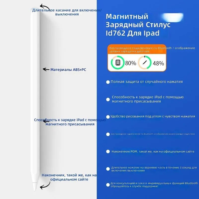 Магнитный стилус с беспроводной зарядкой, Bluetooth, отображение уровня заряда на экране, для iPad/iPhone, замена Apple Pencil 2