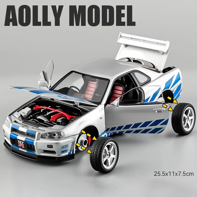 1:18 Nissan GTR R34 Skyline Super Sports Car, Декоративные предметы для стола, Сплавная модель, Детские автомобильные игрушки, С звуком и светом