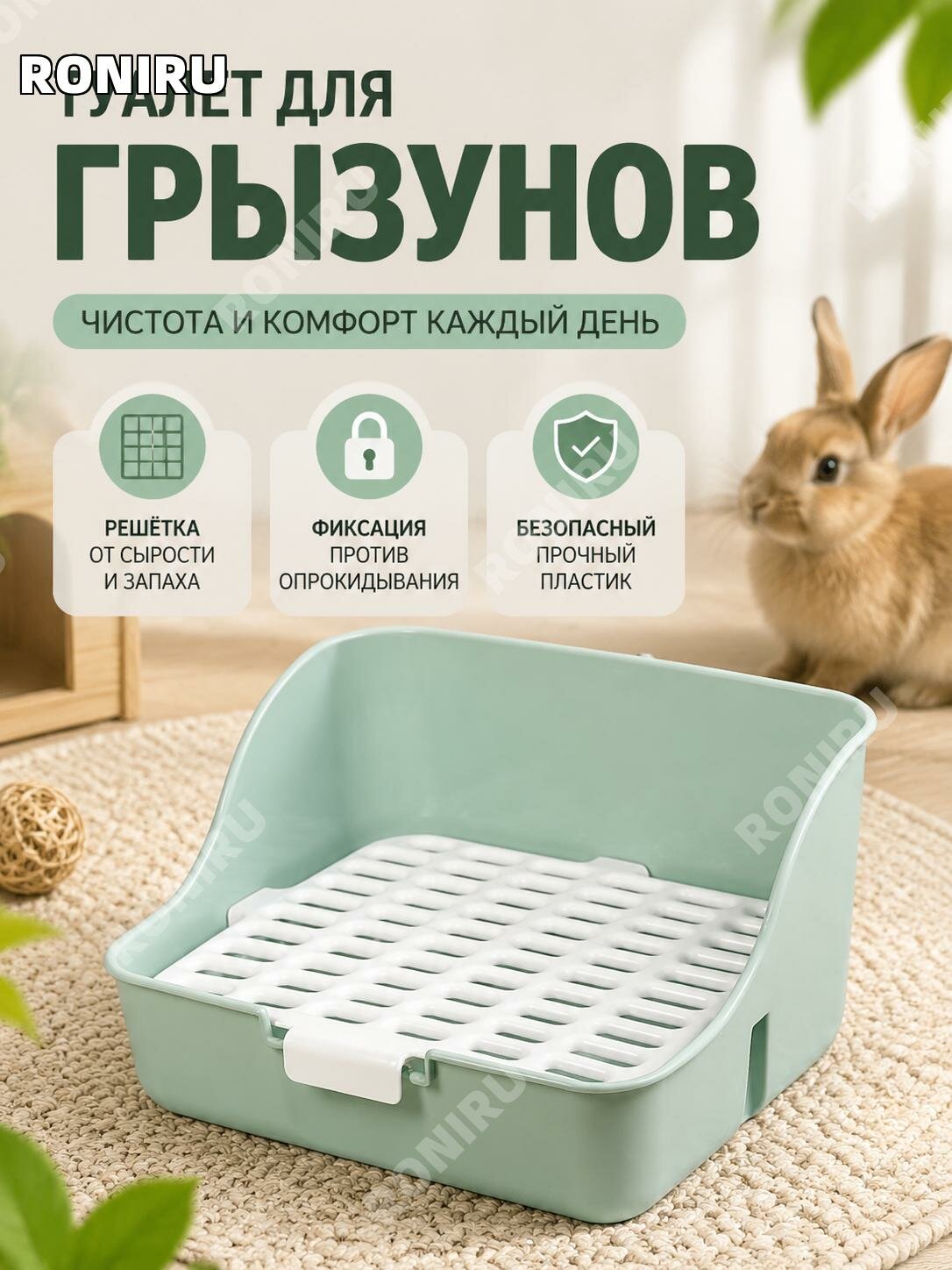Лоток-туалет для кролика, квадратный с фиксацией против опрокидывания и брызг для морской свинки, шиншиллы, мятно-зеленый