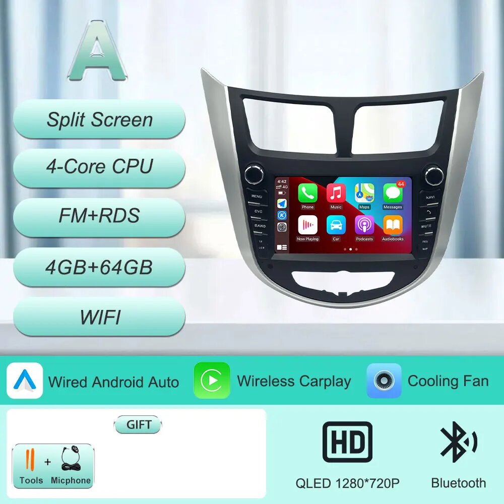 7-дюймовая Android-автомагнитола для Hyundai Solaris Accent Verna 2010-2016 с беспроводным CarPlay, Android Auto, GPS, WiFi, Bluetooth, FM и сенсорным экраном
