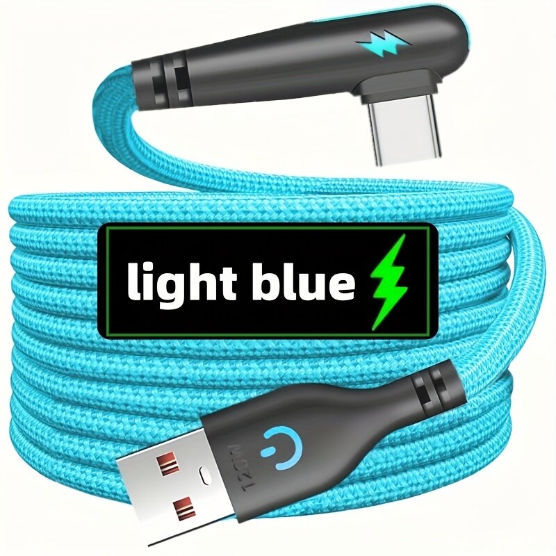 Кабель Type-C быстрая зарядка, угловой USB-C, оплетка, 1.5 м, голубой