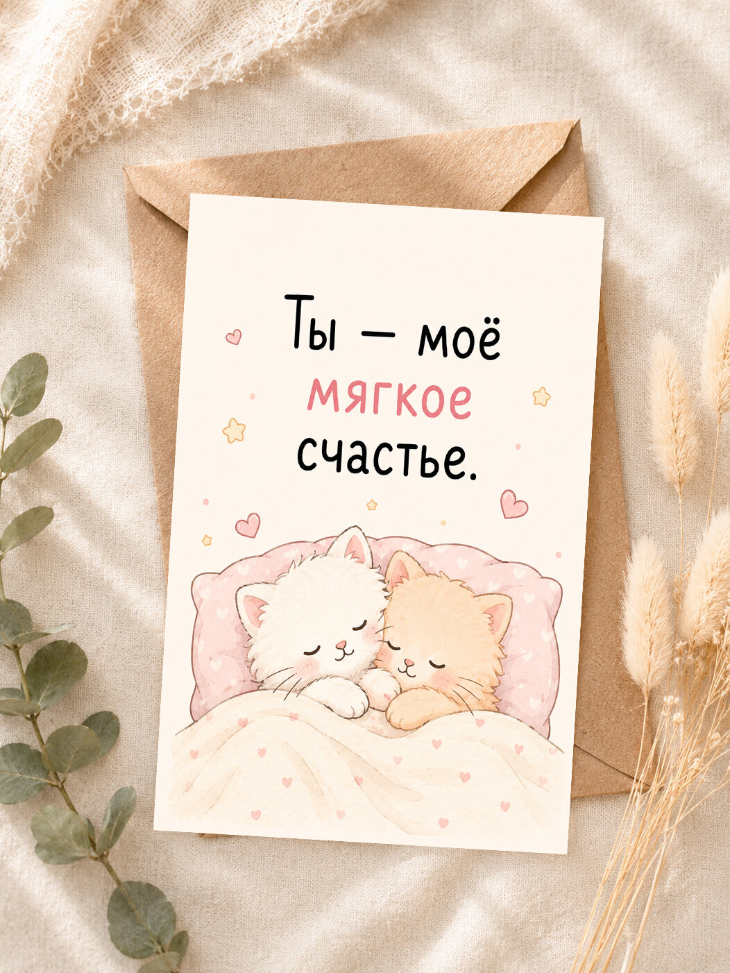 Открытка "Ты — моё мягкое счастье", нежная с котиками под пледом, конверт, 10х15
