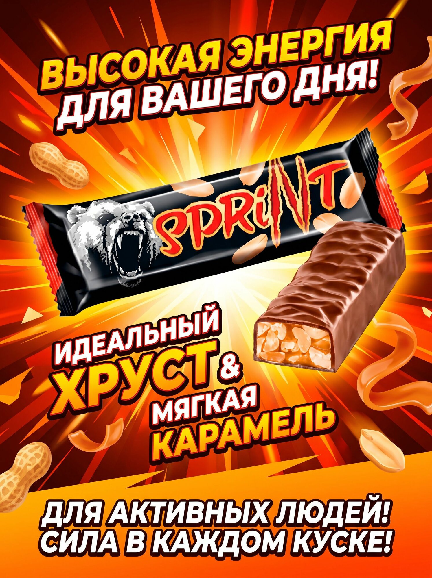 Батончик "Спринт" с жареным арахисом и мягкой карамелью 18*50 гр. (