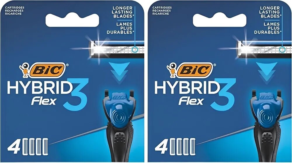 Сменные кассеты для бритья мужские BIC Hybrid 3 Flex, 3 нанотехнологичных подвижных лезвия, увлажняющая полоска, 8 штук в упаковке