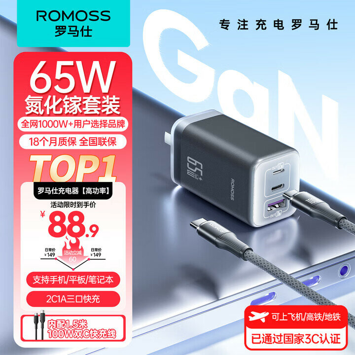 ROMOSS 65W GaN зарядное устройство с двумя портами Type-C быстрая зарядка для iPhone 16 Samsung Xiaomi Huawei