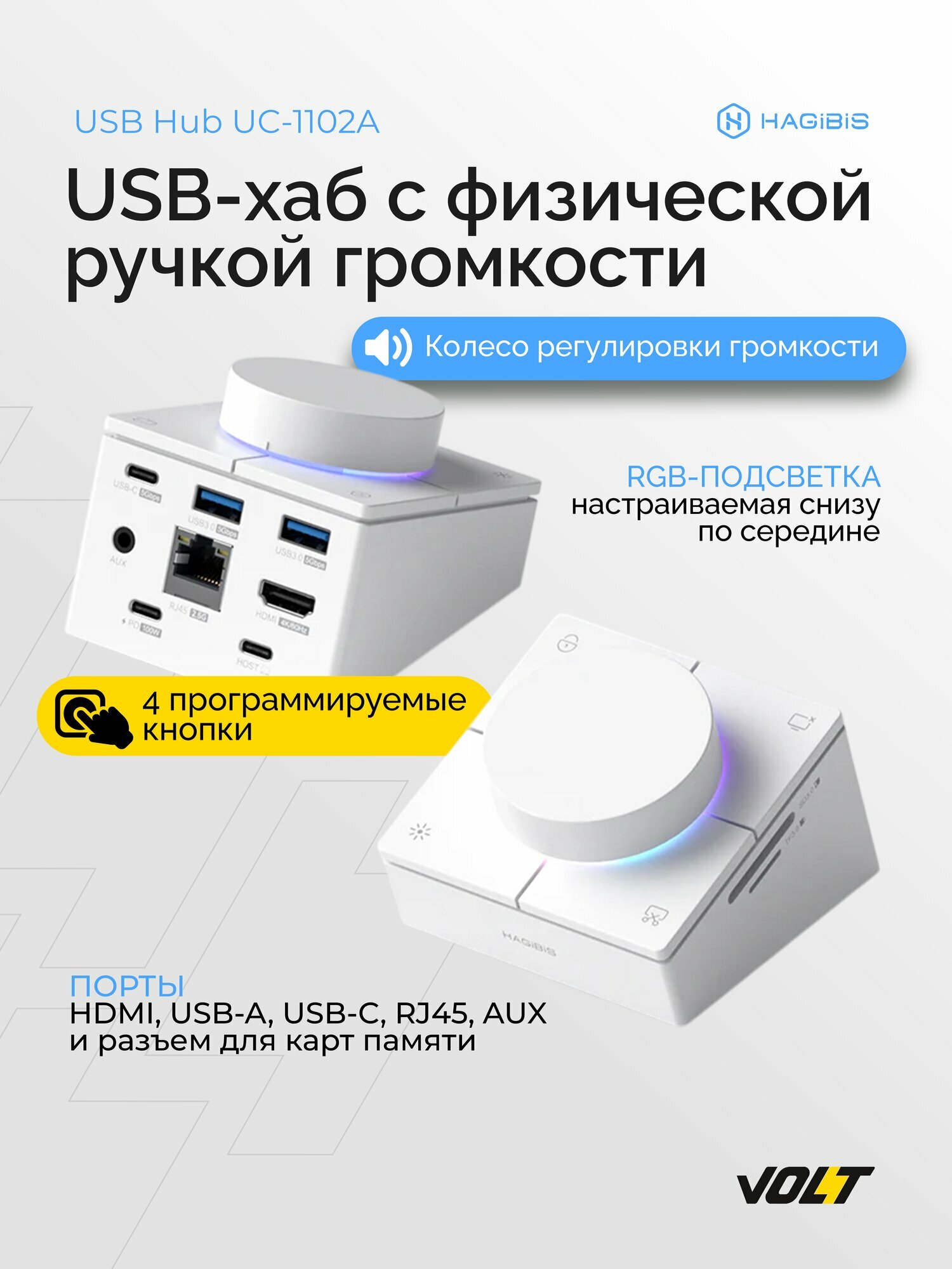 USB-концентратор Hagibis Knob USB-C Hub UC-1102A White / Многофункциональная док-станция с кнопкой быстрого доступа / Регулятор громкости / RGB-подсветка