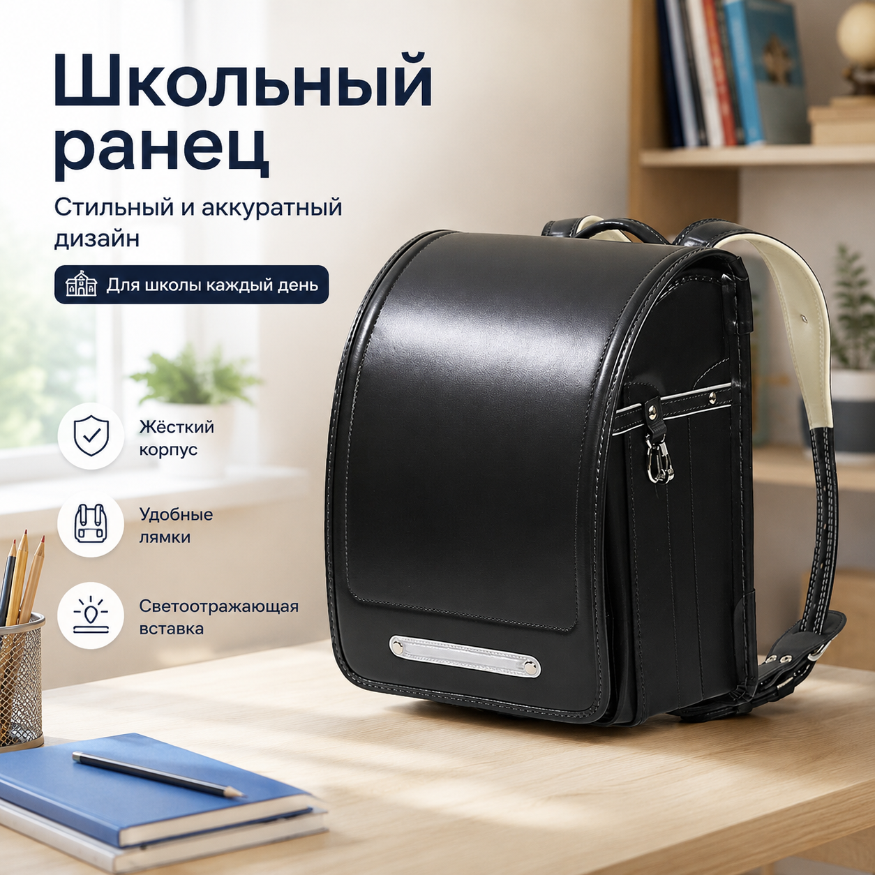 Рюкзак школьный, унисекс, японский стиль, для начальной школы, черный, искусственная кожа, 33 см x 24 см