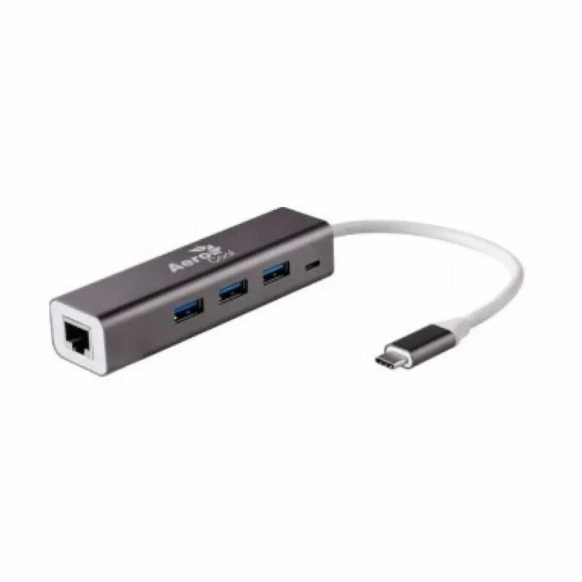 Концентратор AeroCool, USB 3, RJ-45, металлический, 4 порта, черный