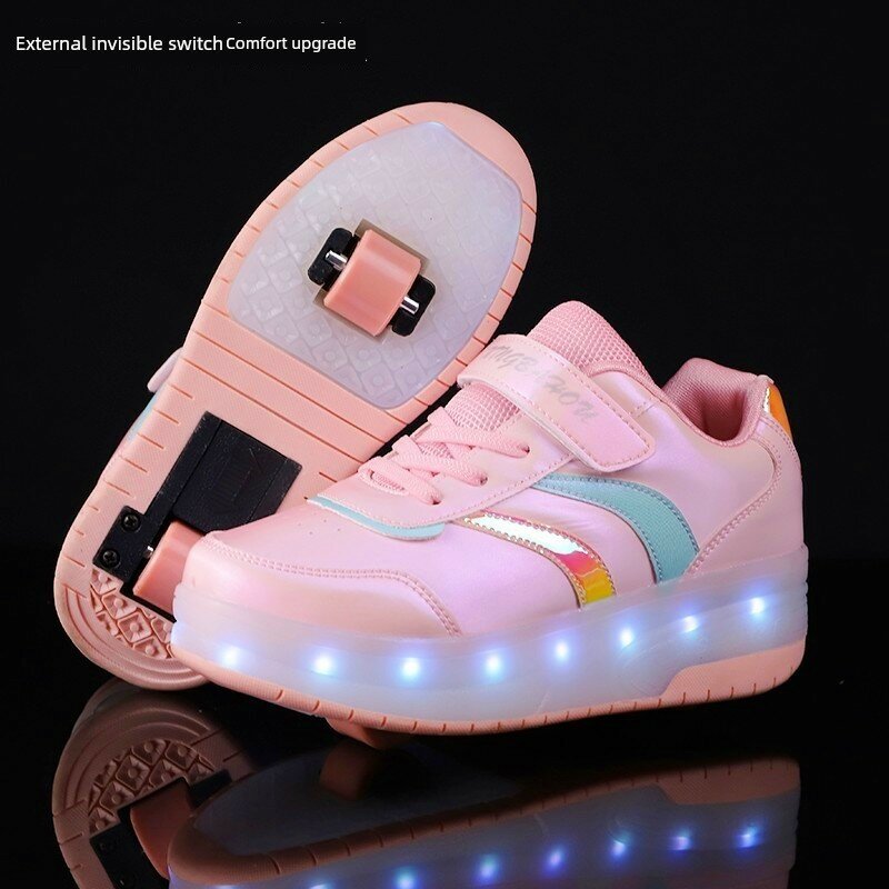 Детские роликовые коньки с LED-подсветкой и зарядкой, розовые, размер 39