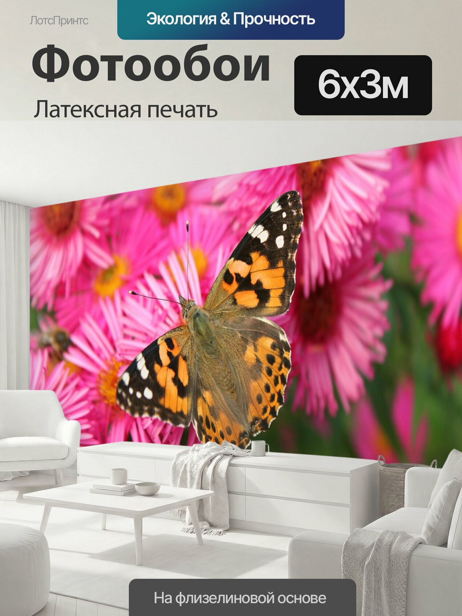 Фотообои моющиеся ударопрочные "Бабочка, бабочки, адмирал" 600x300 см. латексная печать