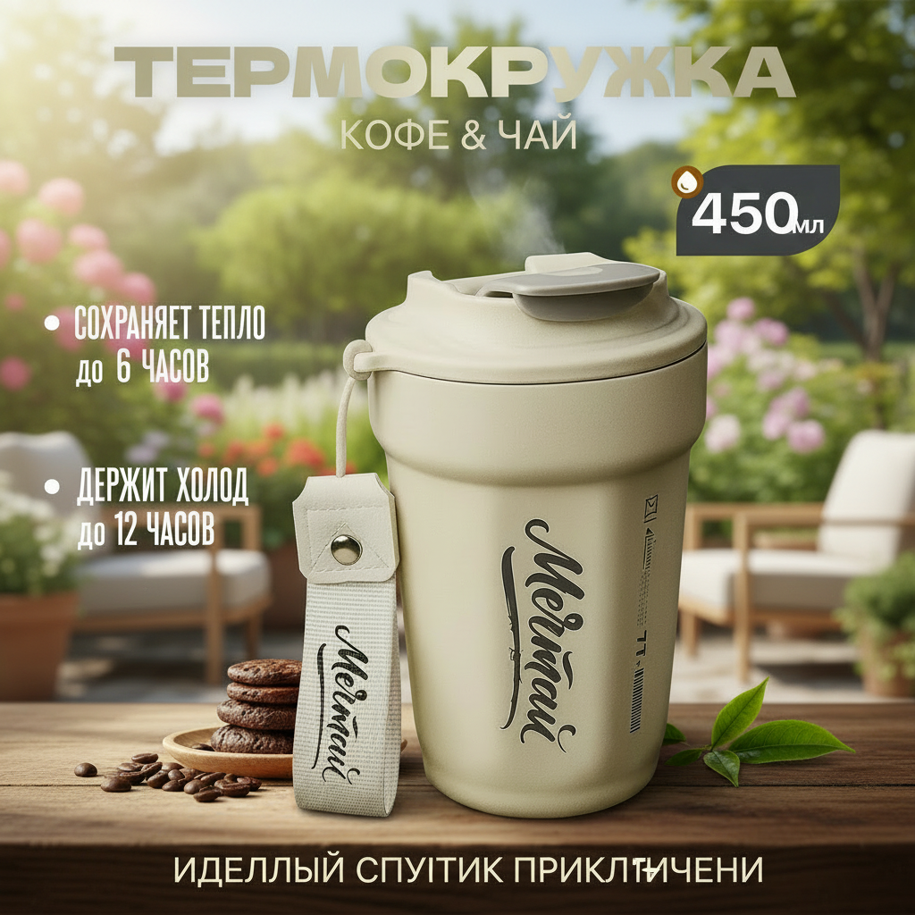 Компактный термос кружка 450 мл белый 17 см в авто