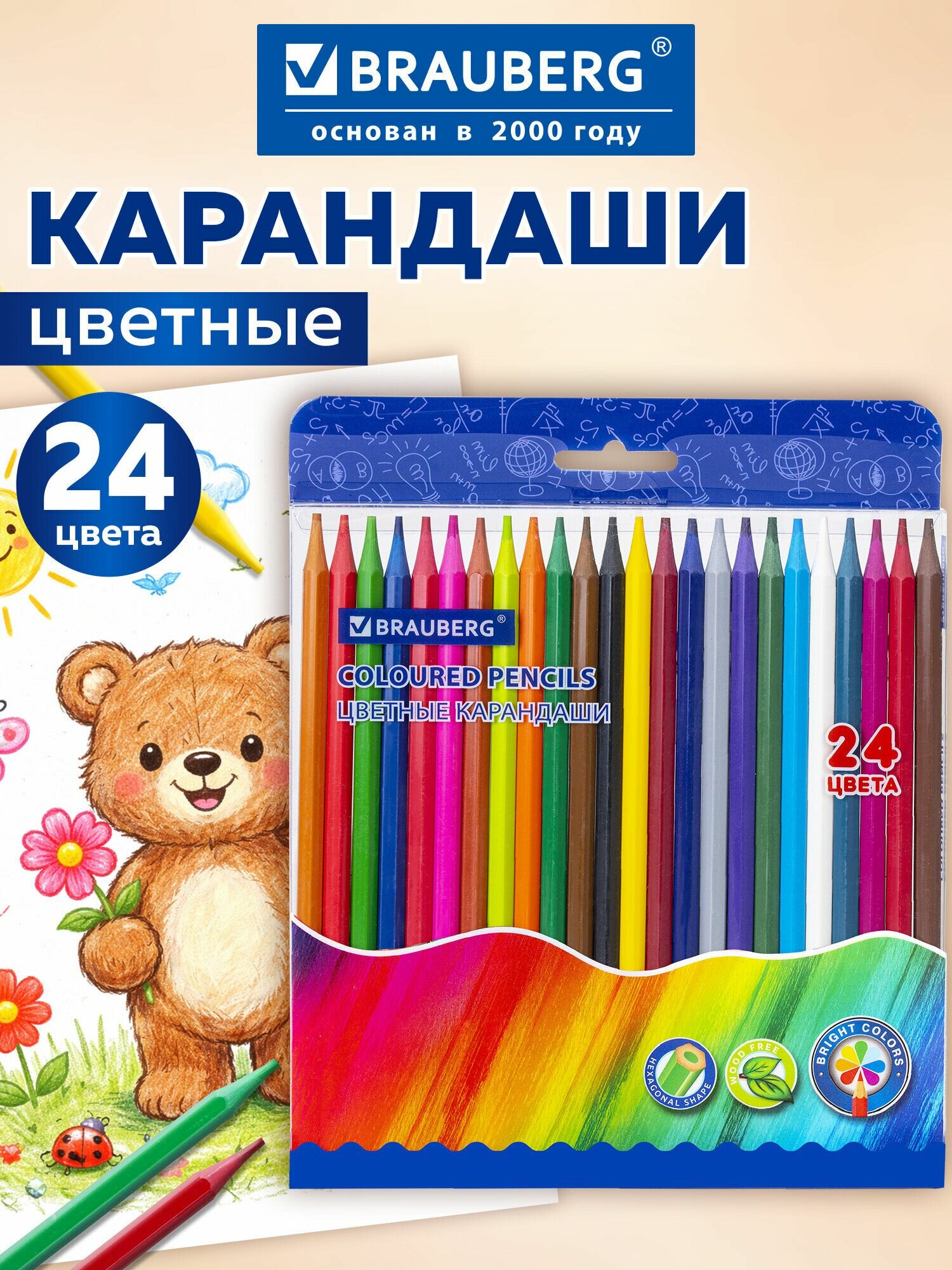 Карандаши цветные для рисования детям в школу, набор 24 цвета мягкие, шестигранные, Brauberg