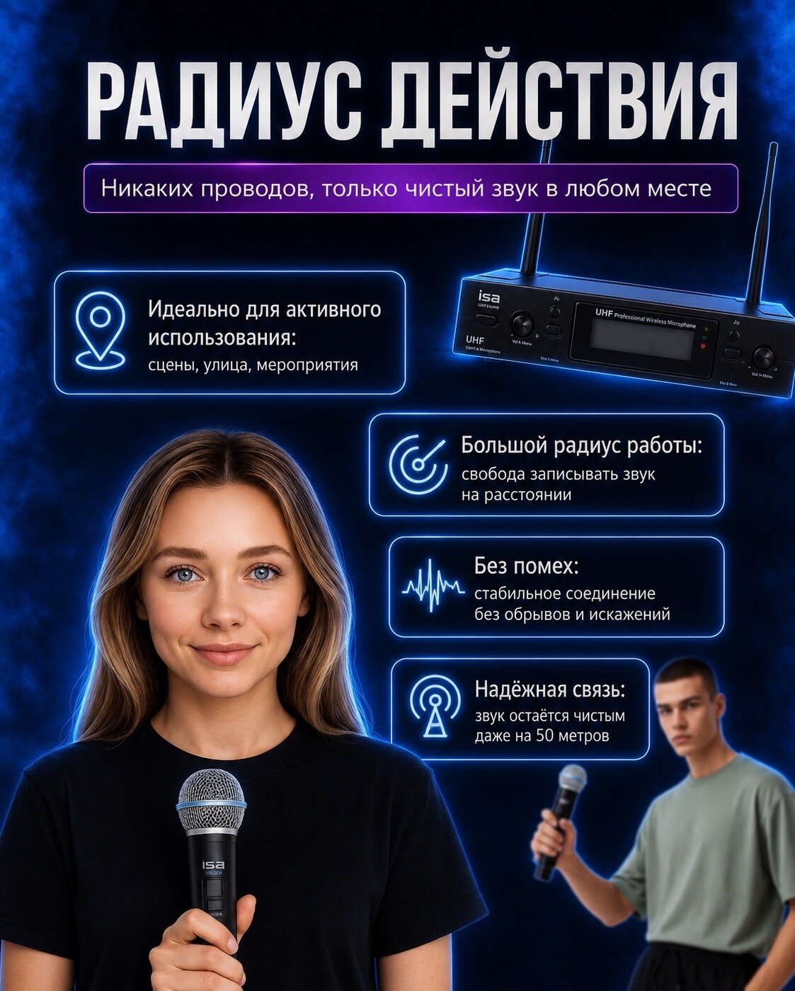 Комплект из 2 беспроводных микрофонов с приёмником, подходит для караоке и мероприятий — фото 1