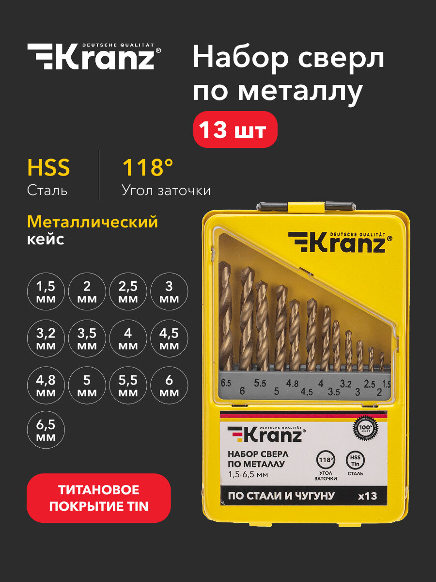 Набор сверл по металлу 1.5–6.5 мм, инструменты для дрели и шуруповерта, 13 шт. в металлическом кейсе, KRANZ