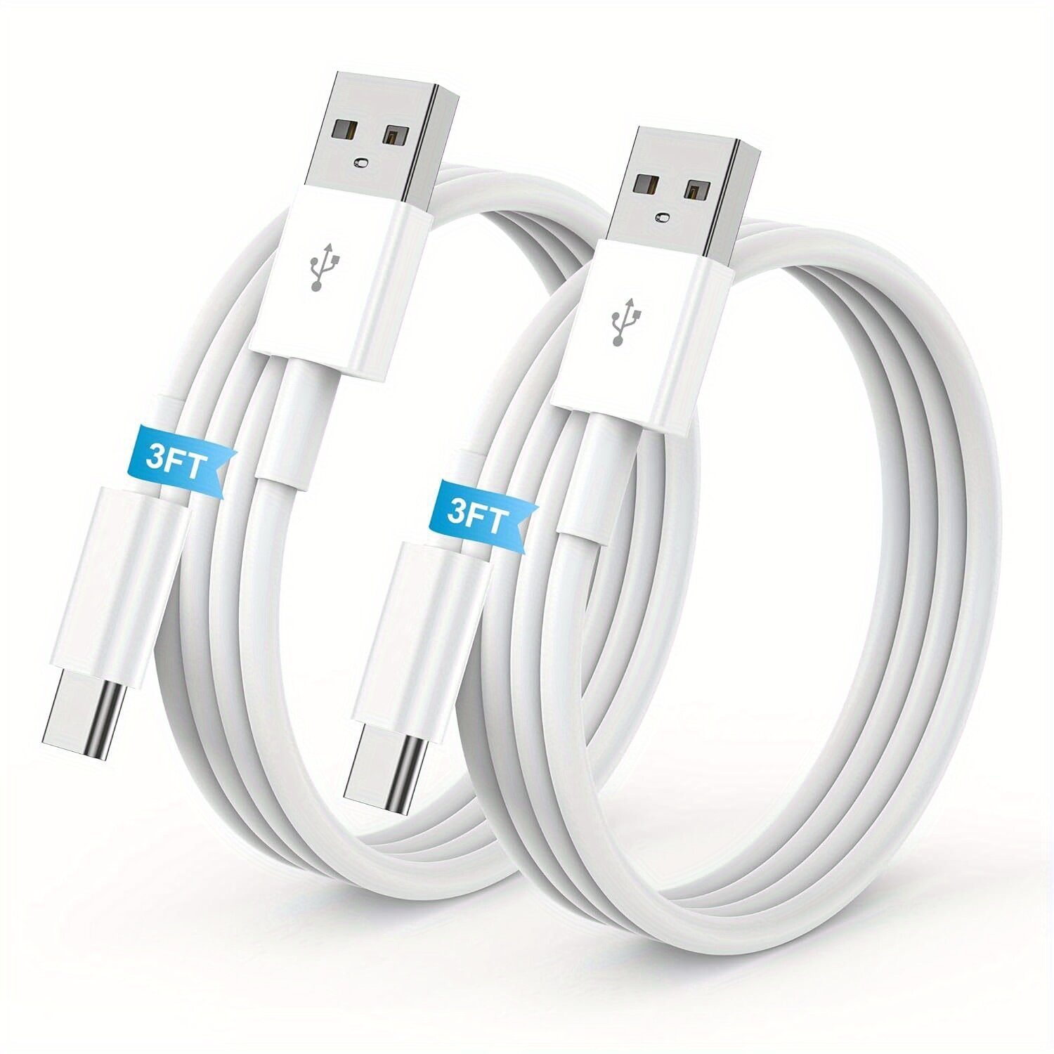 Кабель USB-A - USB-C 2 шт, белый, 3ft, быстрая зарядка для iPhone 17/16/15 Pro/Plus/Pro Max, iPad Pro 12.9, iPad Air, iPad Mini, MacBook Air