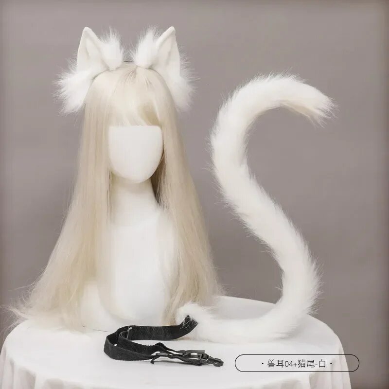 Кошачьи ушки и хвост для косплея Белый, White suit
