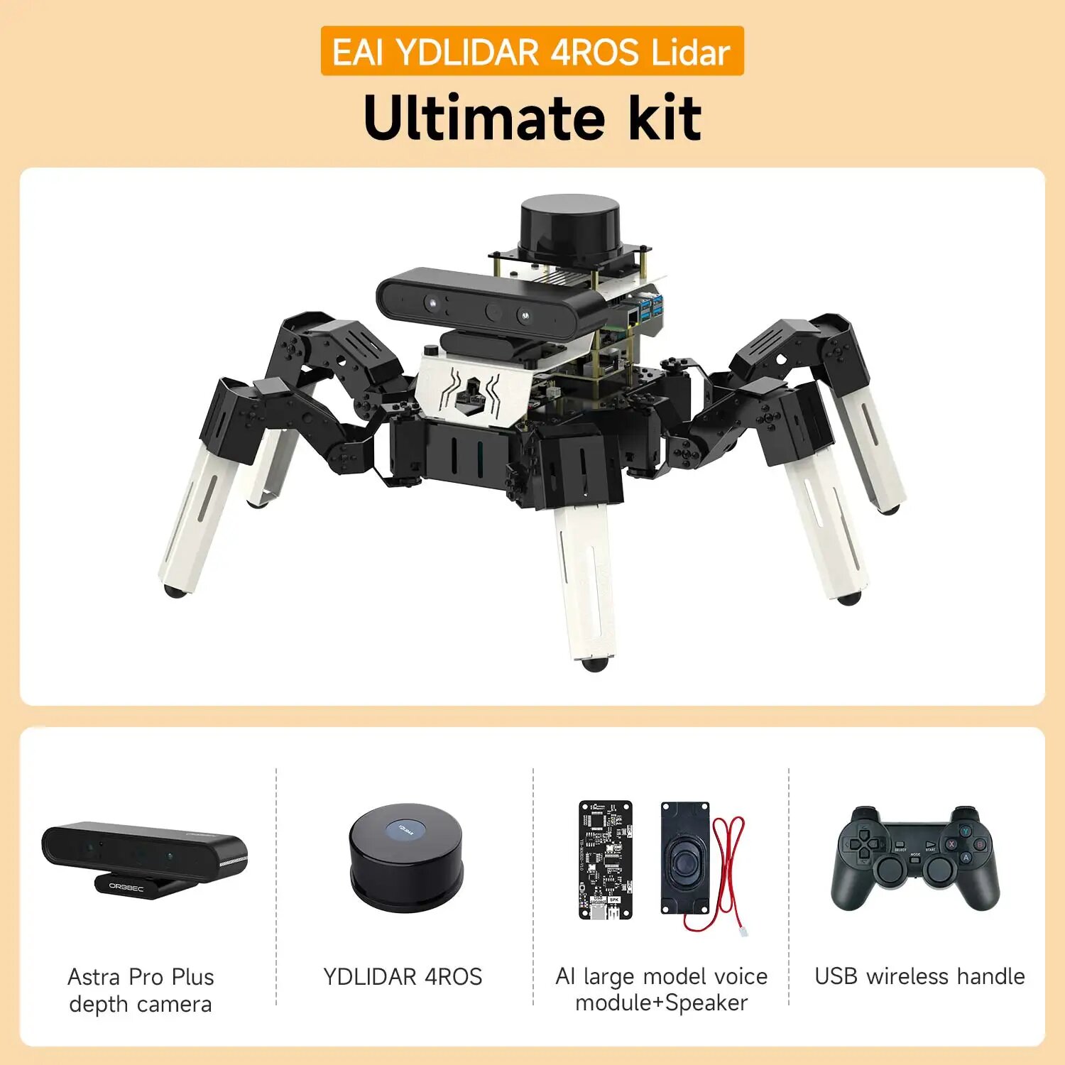 Roboduino ROS2 18DOF AI Металлический Гексапод для Raspberry Pi 5 With Pi5 16GB, 4ROS Lidar Kit