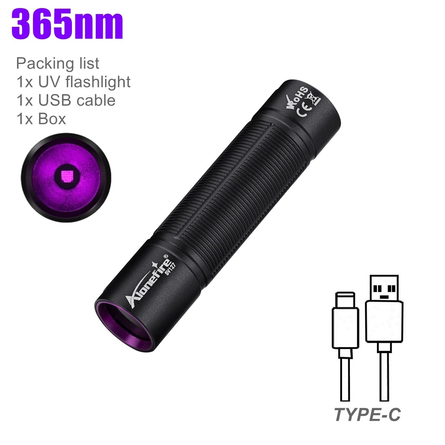 AloneFire SV127 мини-фонарь УФ 365/395 нм черного цвета SV127-365nm-Black