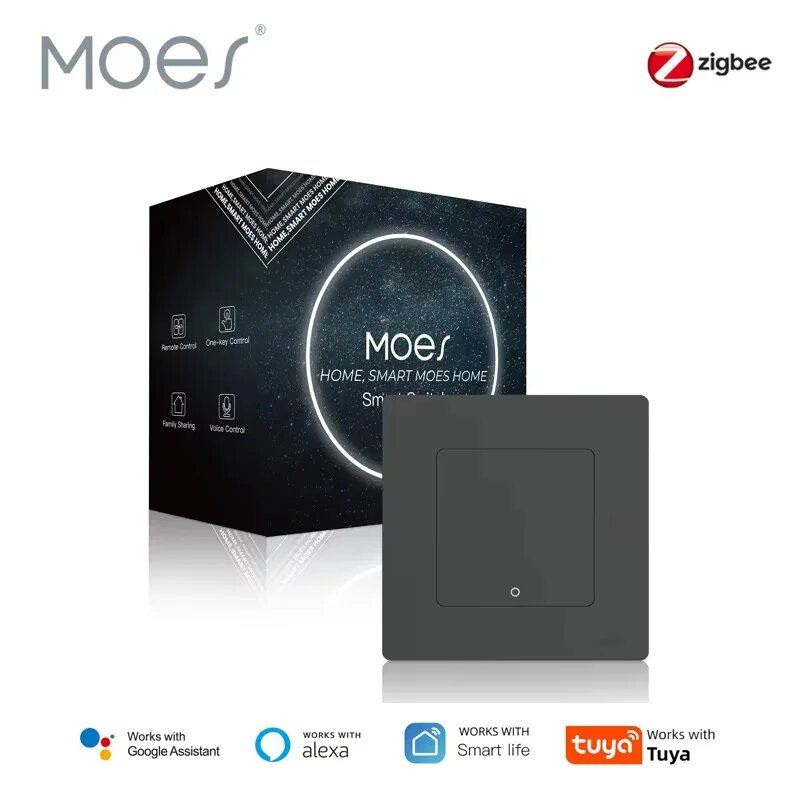 Умный выключатель MOES Star Ring Tuya ZigBee3.0 для фазного и нейтрального проводов с функцией таймера, работает с Alexa и Google Home