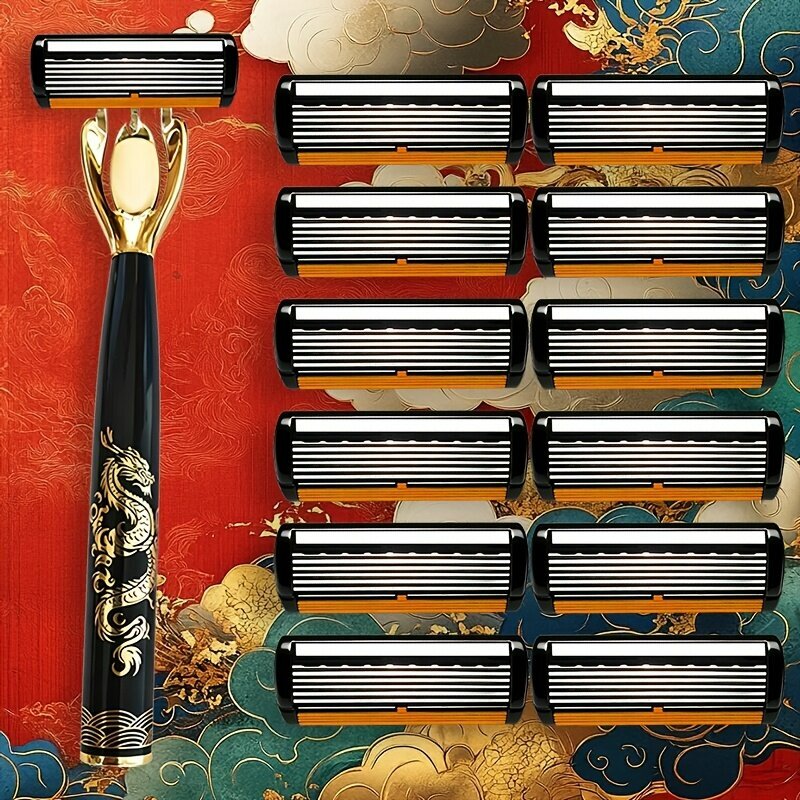 Мужская ручная бритва Oriental Dragon с 6-слойными сменными лезвиями из нержавеющей стали, водонепроницаемая, набор 1+12 лезвий (13 предметов), подарок для семьи