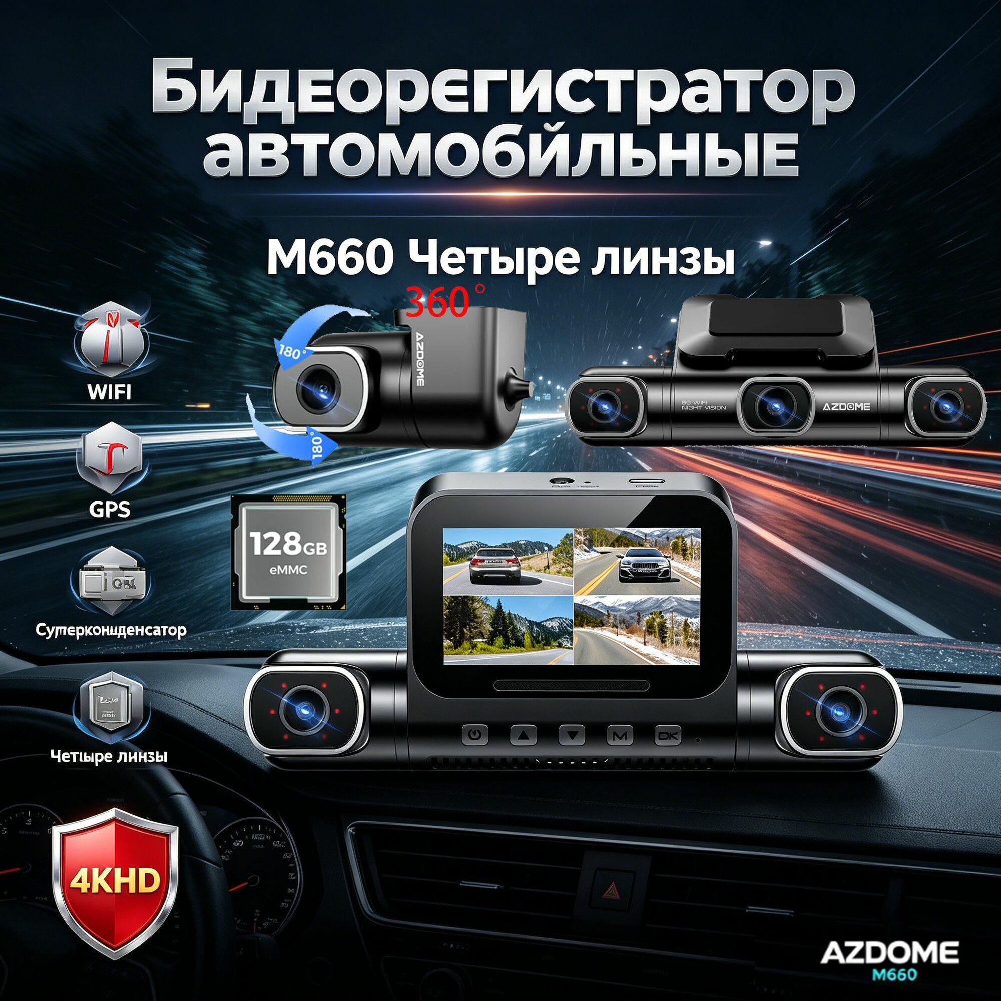 Видеорегистратор автомобильныеAZDOME4 канала, объектив с поворотом на 360 встроенный eMMC емкостью 128 ГБ