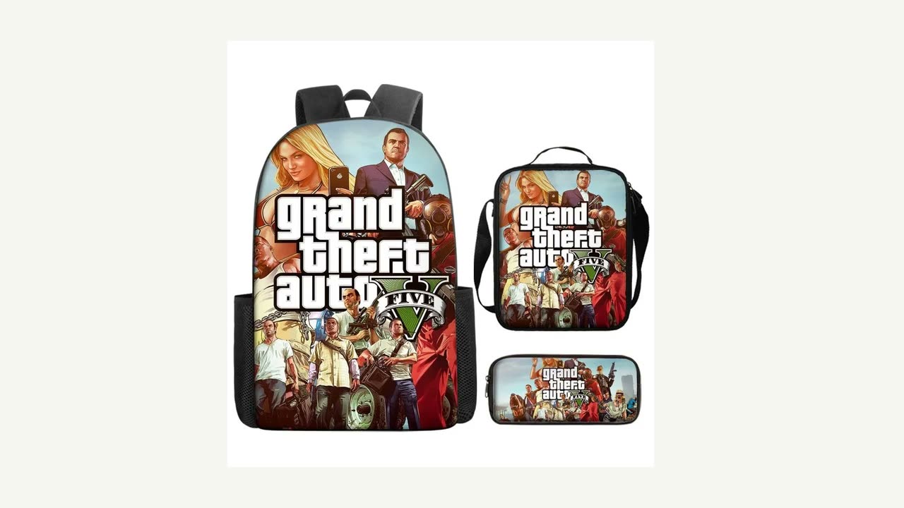 Рюкзак Grand Theft Auto V, набор из 3 предметов: рюкзак 40x27x13 см, сумка для обеда 25x19x8 см, пенал 21.5x10.5 см, нейлон — фото 1