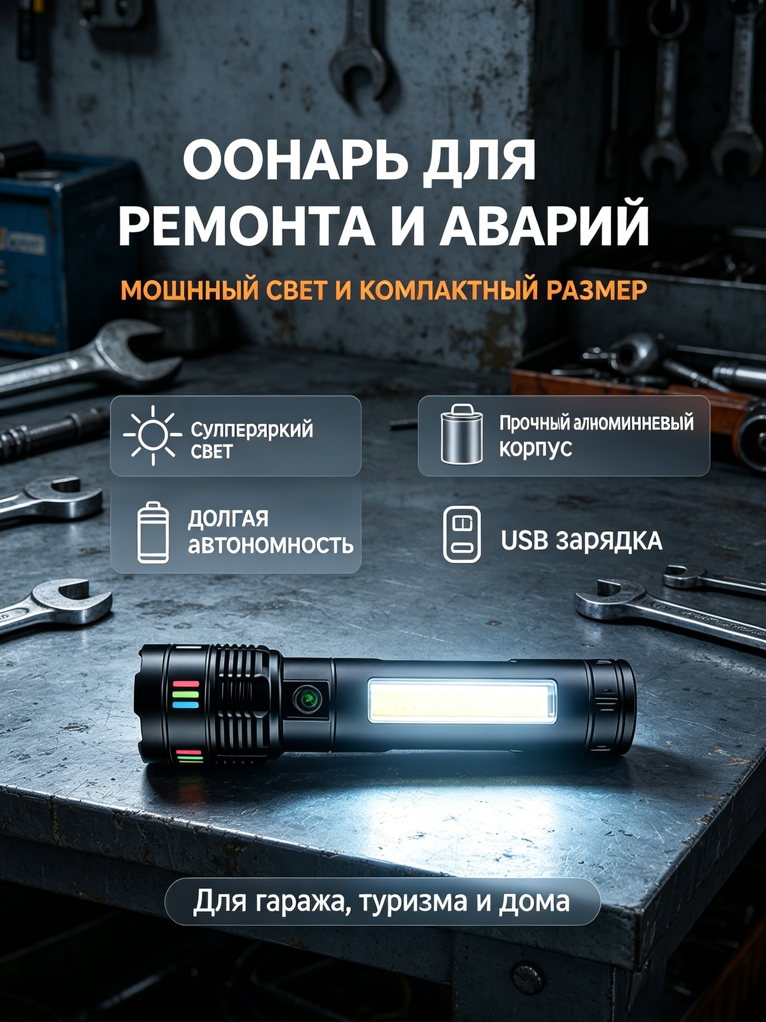 Яркий фонарь, подзарядный фонарик, применяемый для туризма, охоты и рыбалки.