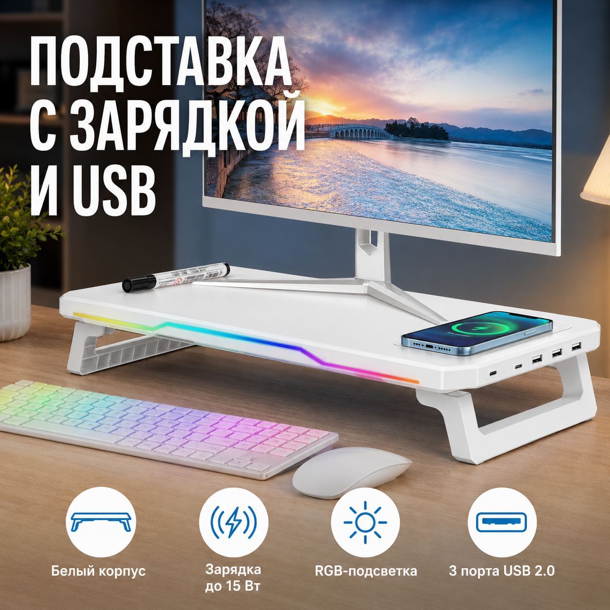 Подставка для монитора с беспроводной зарядкой, USB-хабом и RGB-подсветкой, белая