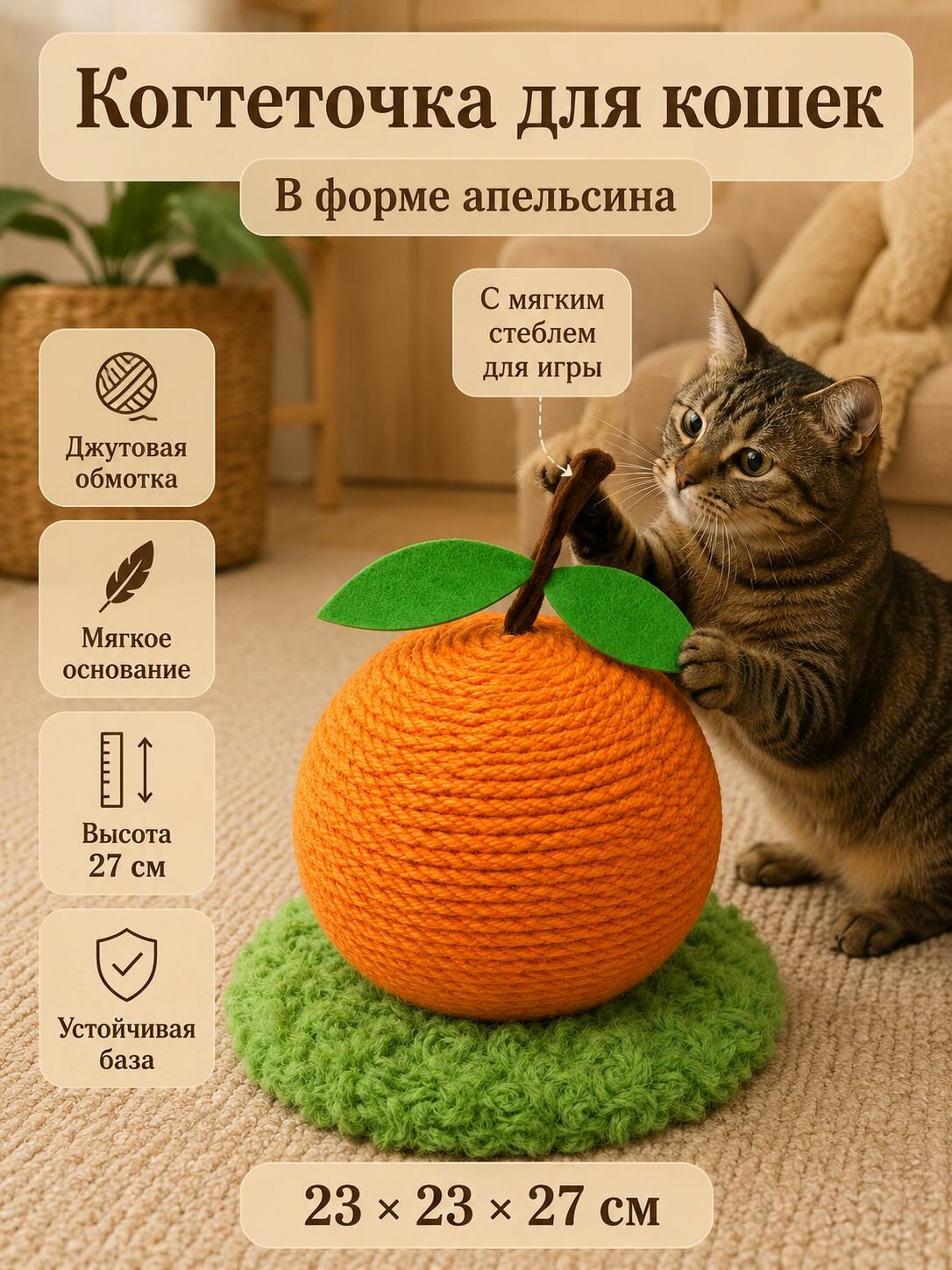 Когтеточка для кошек в форме апельсина с игрушкой и устойчивым основанием апельсин с игрушкой устойчивое основание