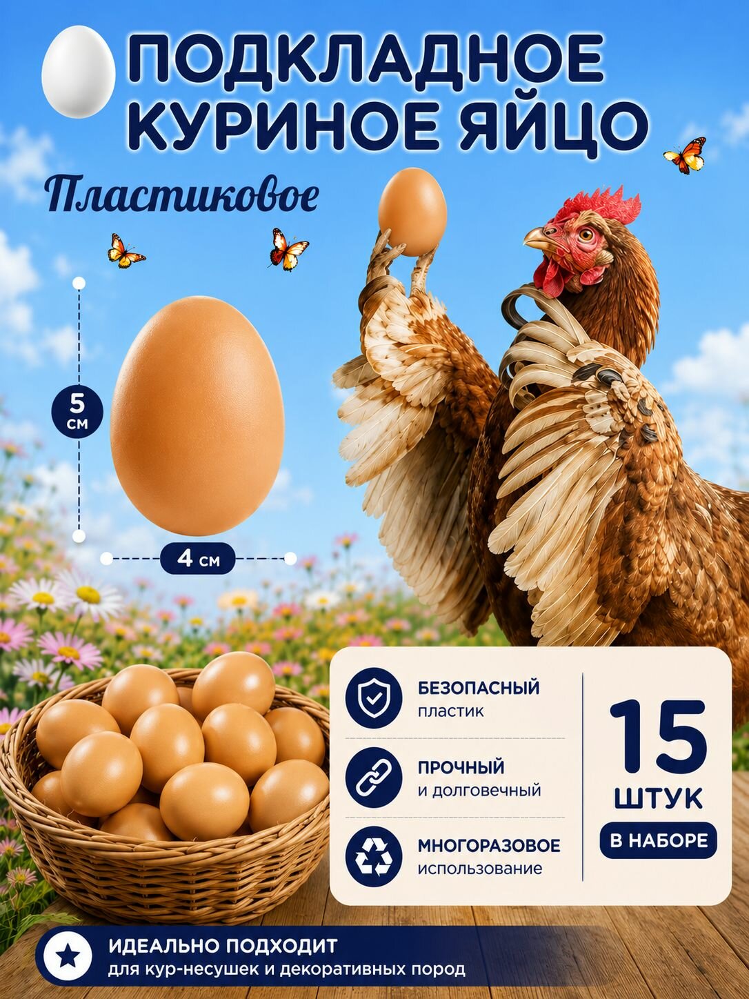 Подкладные яйца для кур пластиковые, имитация куриного яйца 15шт пластиковые яйца несушки 15 штук