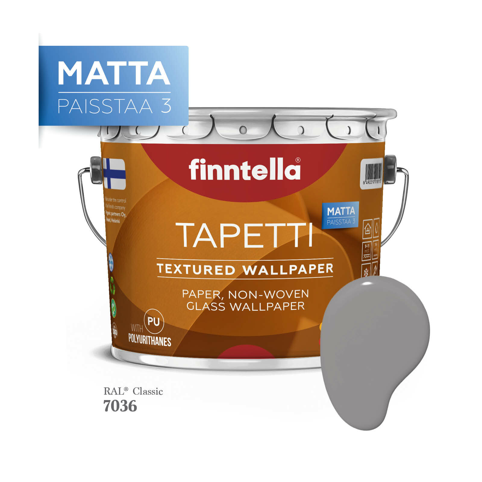 Матовая краска для обоев под окраску TAPETTI Matta FINNTELLA, Цвет RAL 7036 Платиново-серый (Platinum grey), 2,7л