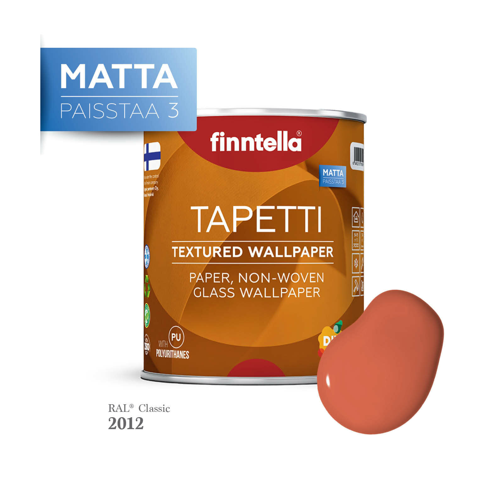 Матовая краска для обоев под окраску TAPETTI Matta FINNTELLA, Цвет RAL 2012 Лососево-оранжевый (Salmon orange), 0,9л
