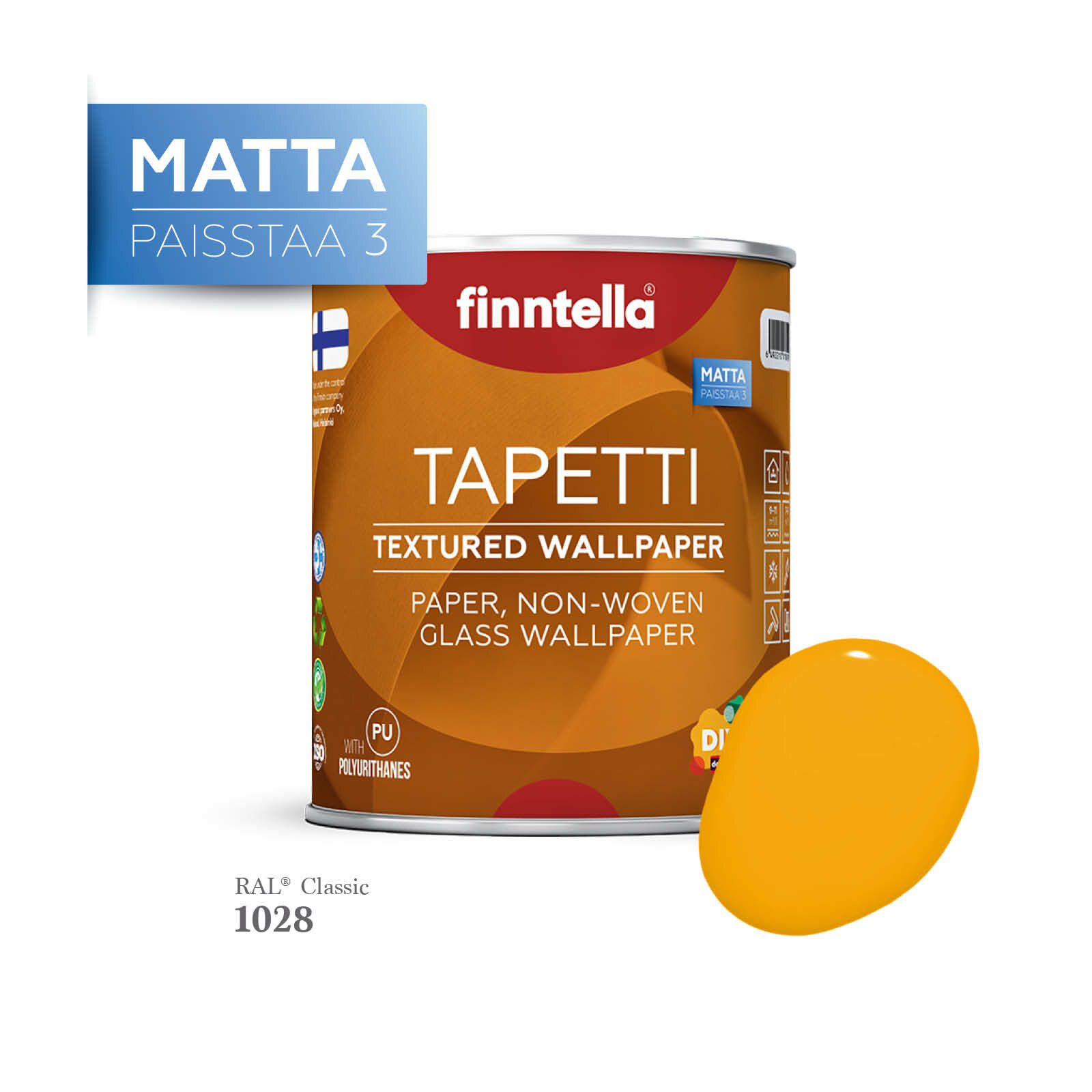 Матовая краска для обоев под окраску TAPETTI Matta FINNTELLA, Цвет RAL 1028 Дынно-желтый (Melon yellow), 0,9л