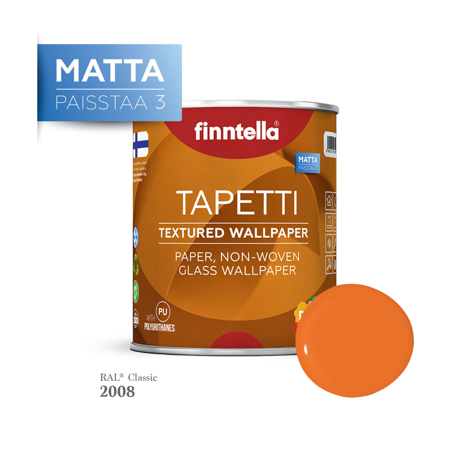 Матовая краска для обоев под окраску TAPETTI Matta FINNTELLA, Цвет RAL 2008 Ярко-красно-оранжевый (Bright red orange), 0,9л