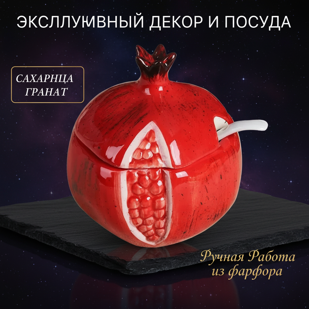 Сахарница керамическая в виде граната с ложкой, красная, диаметр 9 см, 1 шт
