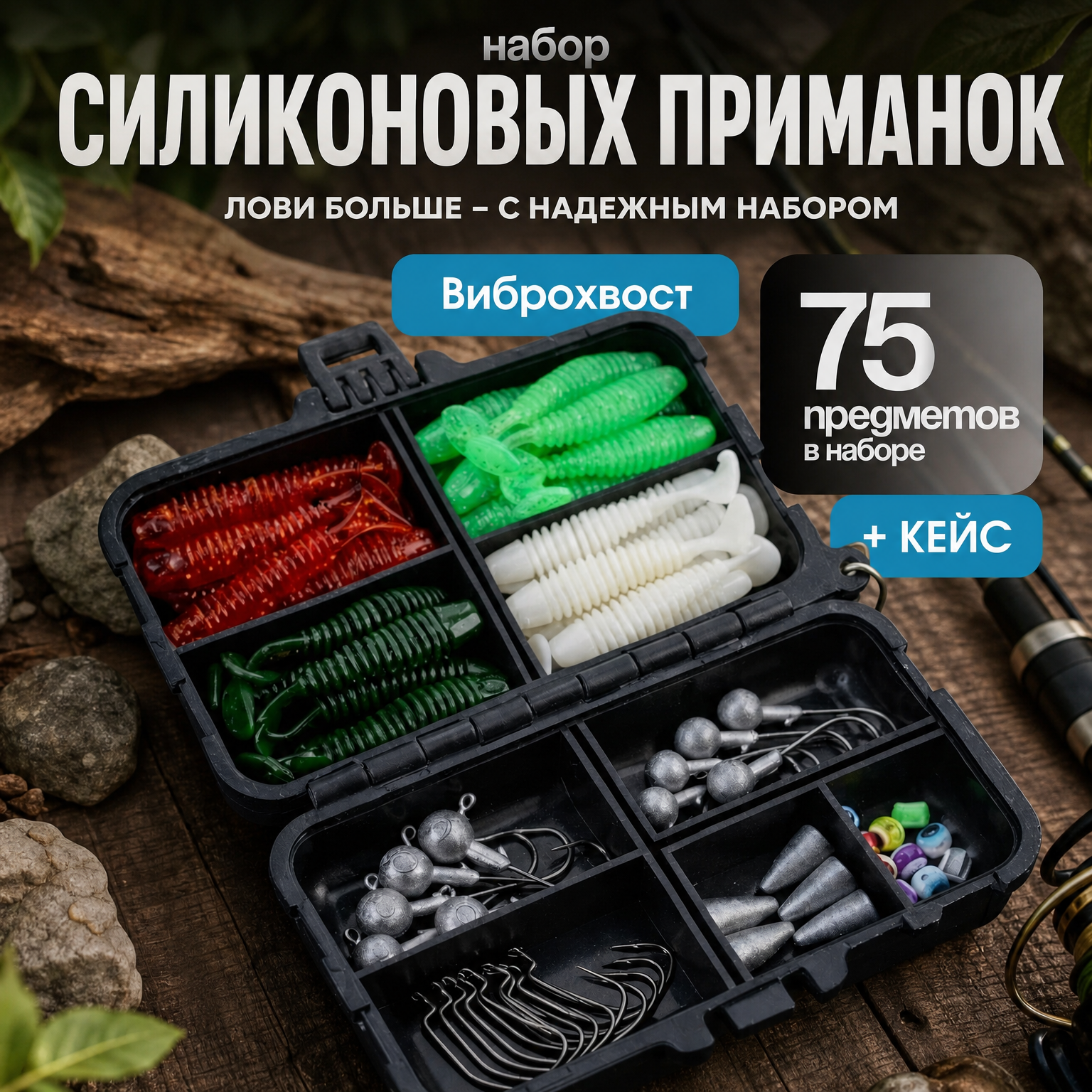Силиконовый набор / Подарок рыбацу / 78 элементов / Виброхвост набор / Подарочный кейс (Длина: 0.12 м; Цвет товара: черный; Размер приманки, дюймы: 1.8; Размеры, мм: 120x75x45)